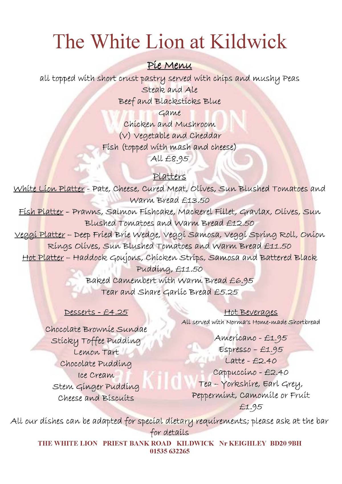 Menu at The White Lion pub & bar, Kildwick, Priest Bank Road