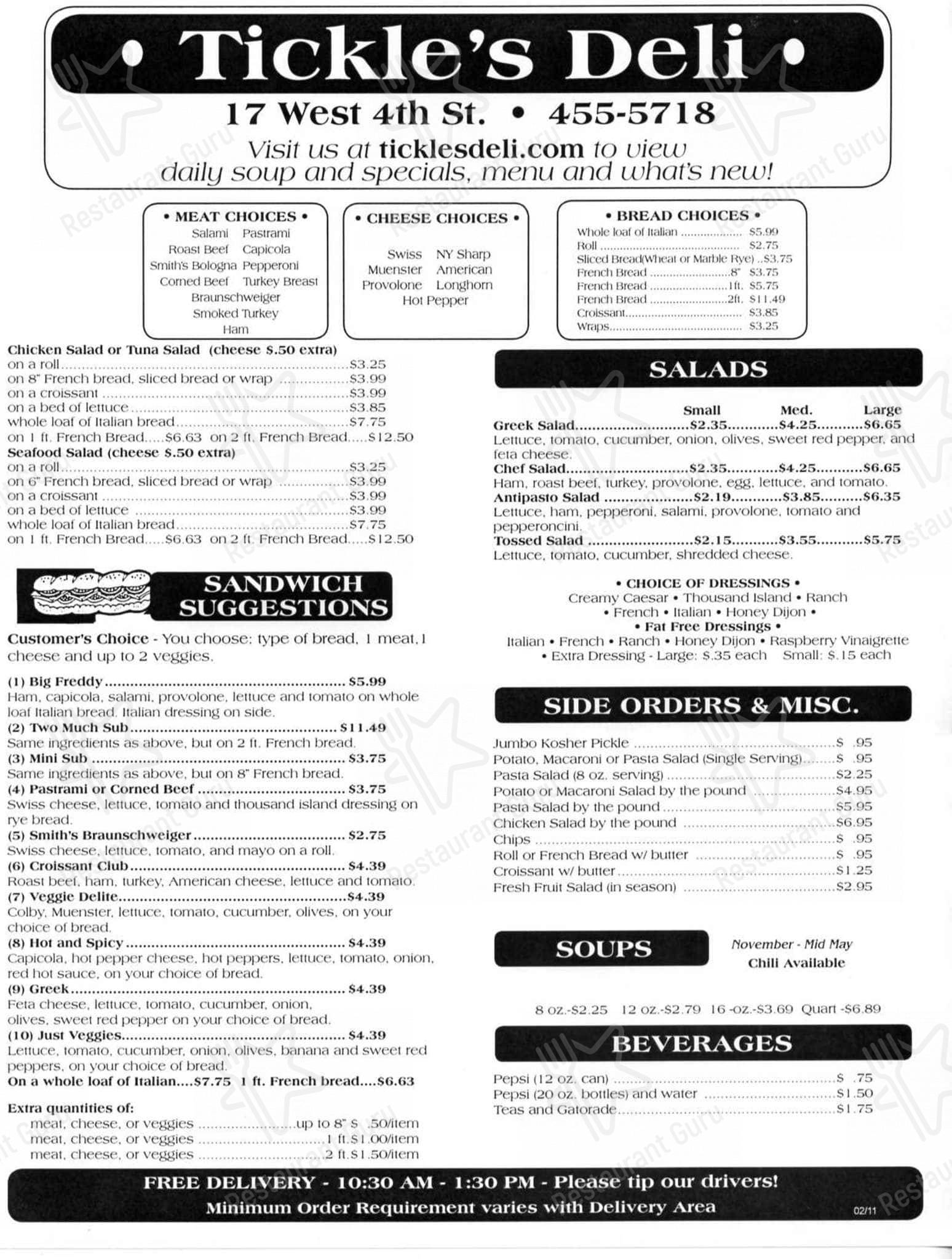 Menu at Tickle's II Sandwich Shop, Erie