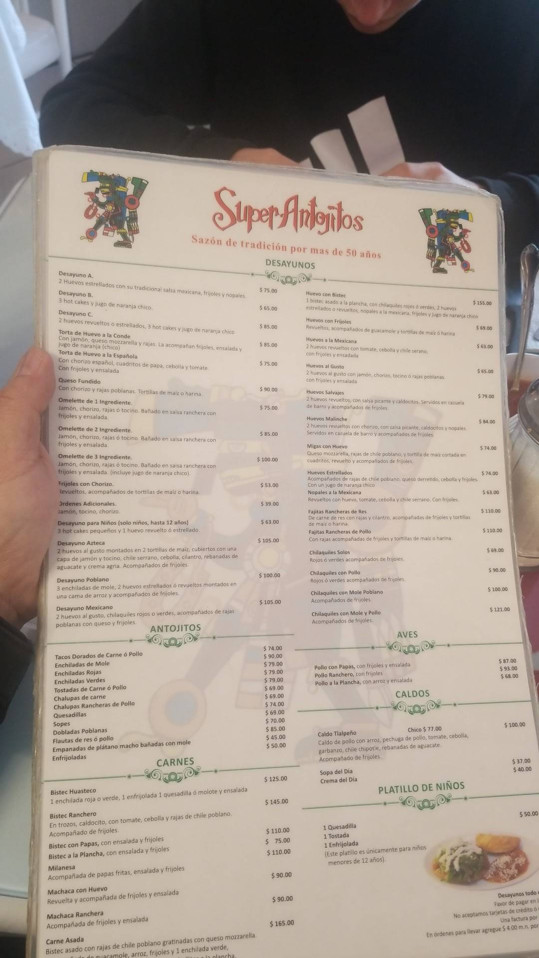 Carta del restaurante Super Antojitos, Tijuana, P.º del los Héroes No. 96