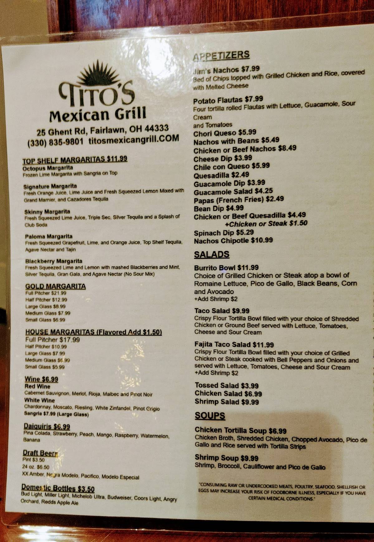 Menu at Tito's Mexican Grill - Fairlawn restaurant, Fairlawn, 25 Ghent Rd