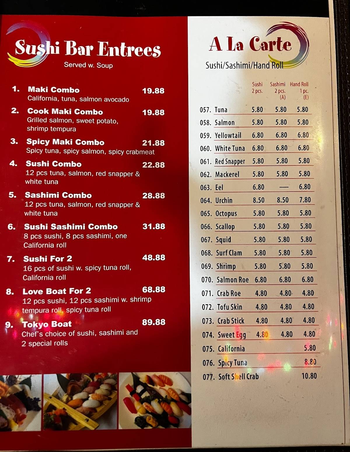 Menu at Tokyo Japanese Cuisine restaurant, Yankton