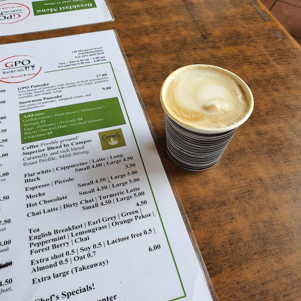 Menu at GPO Bar & Cafe, Toowoomba City