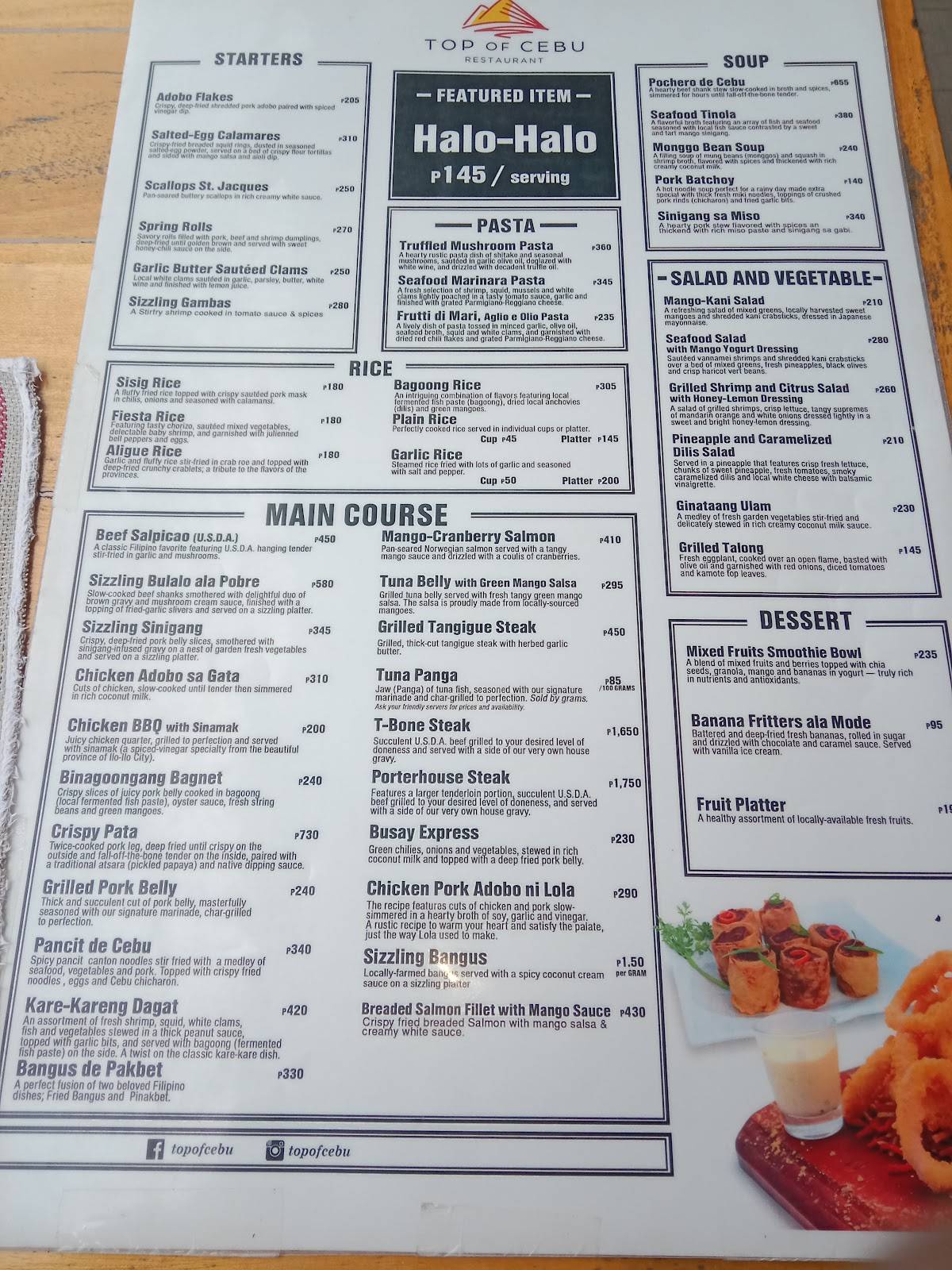 Menu at Top of Cebu restaurant, Cebu City