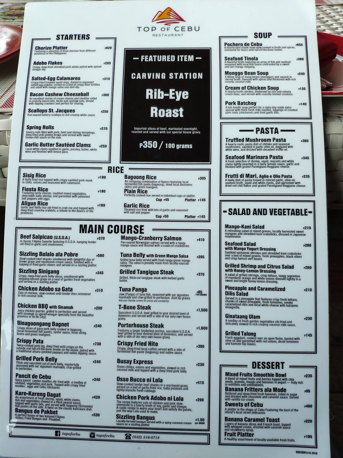 Menu at Top of Cebu restaurant, Cebu City