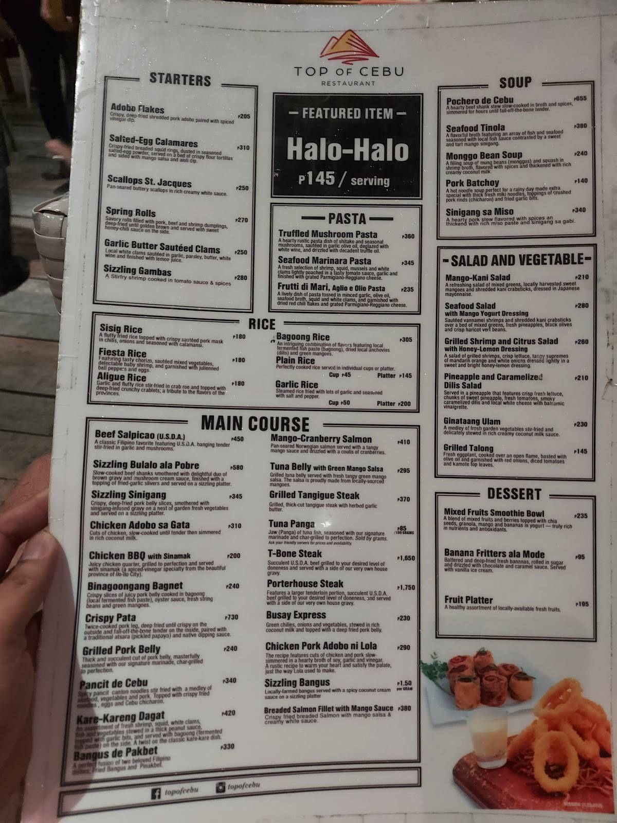 Menu at Top of Cebu restaurant, Cebu City