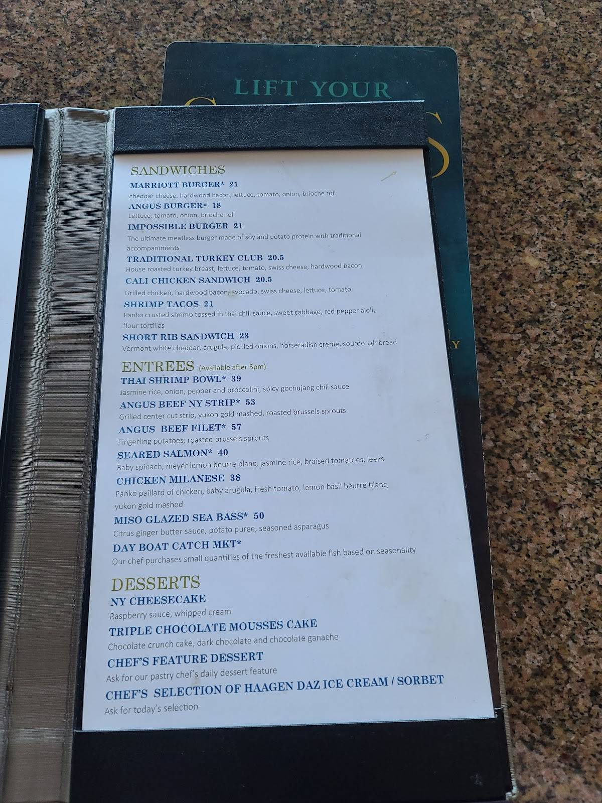 Menu at Top of the Rock Restaurant, Tempe