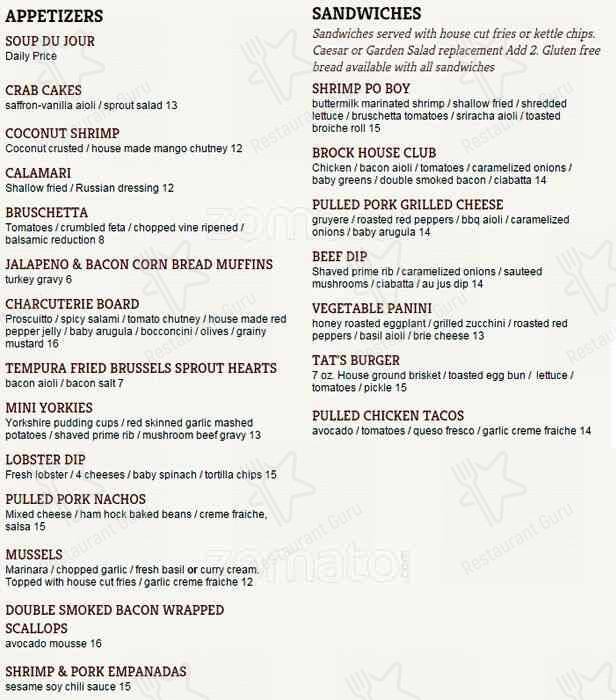 Menu at The Brock House steakhouse, Whitby