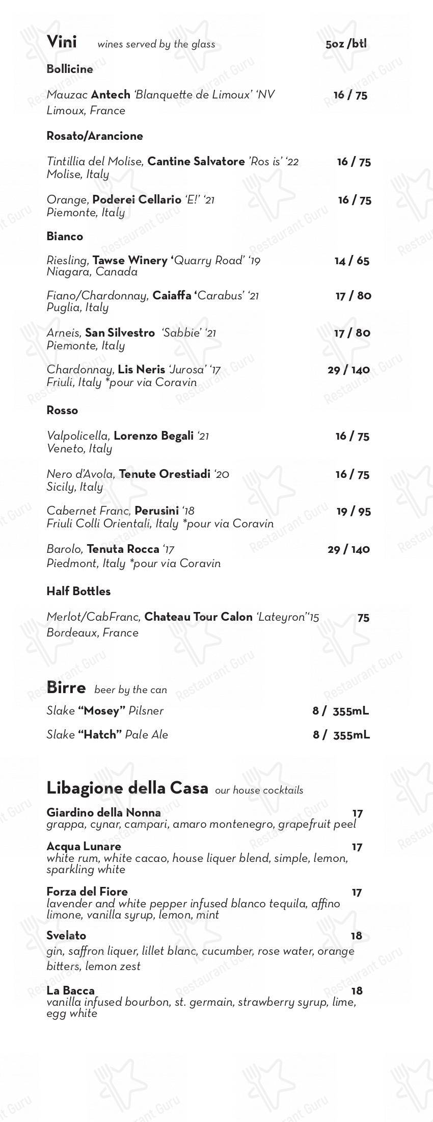 Menu at Osteria Rialto restaurant, Toronto