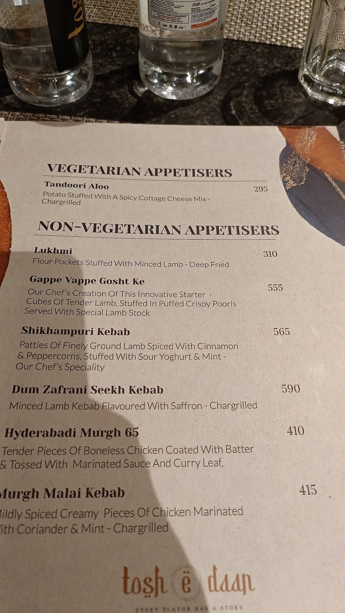 Menu at Tosh-e-daan, Hyderabad