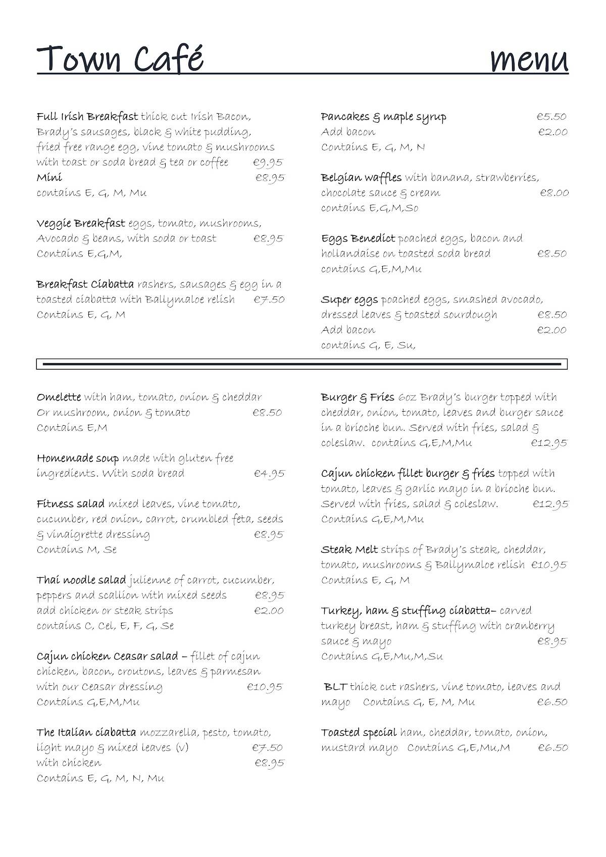 Menu at Town Cafe, Athenry