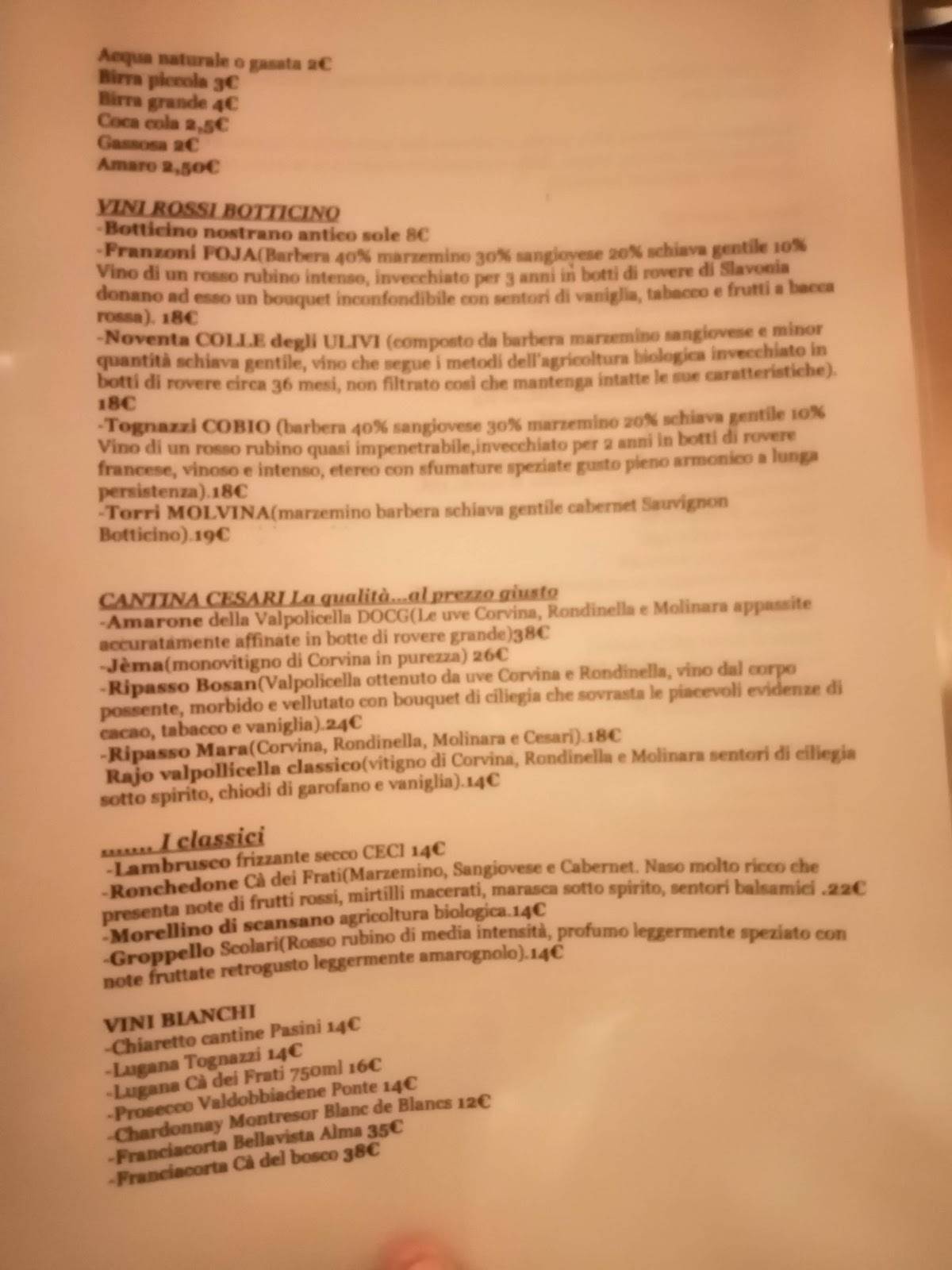 Menu da Trattoria Antico Sole-Le Piante- ristorante, Botticino Sera