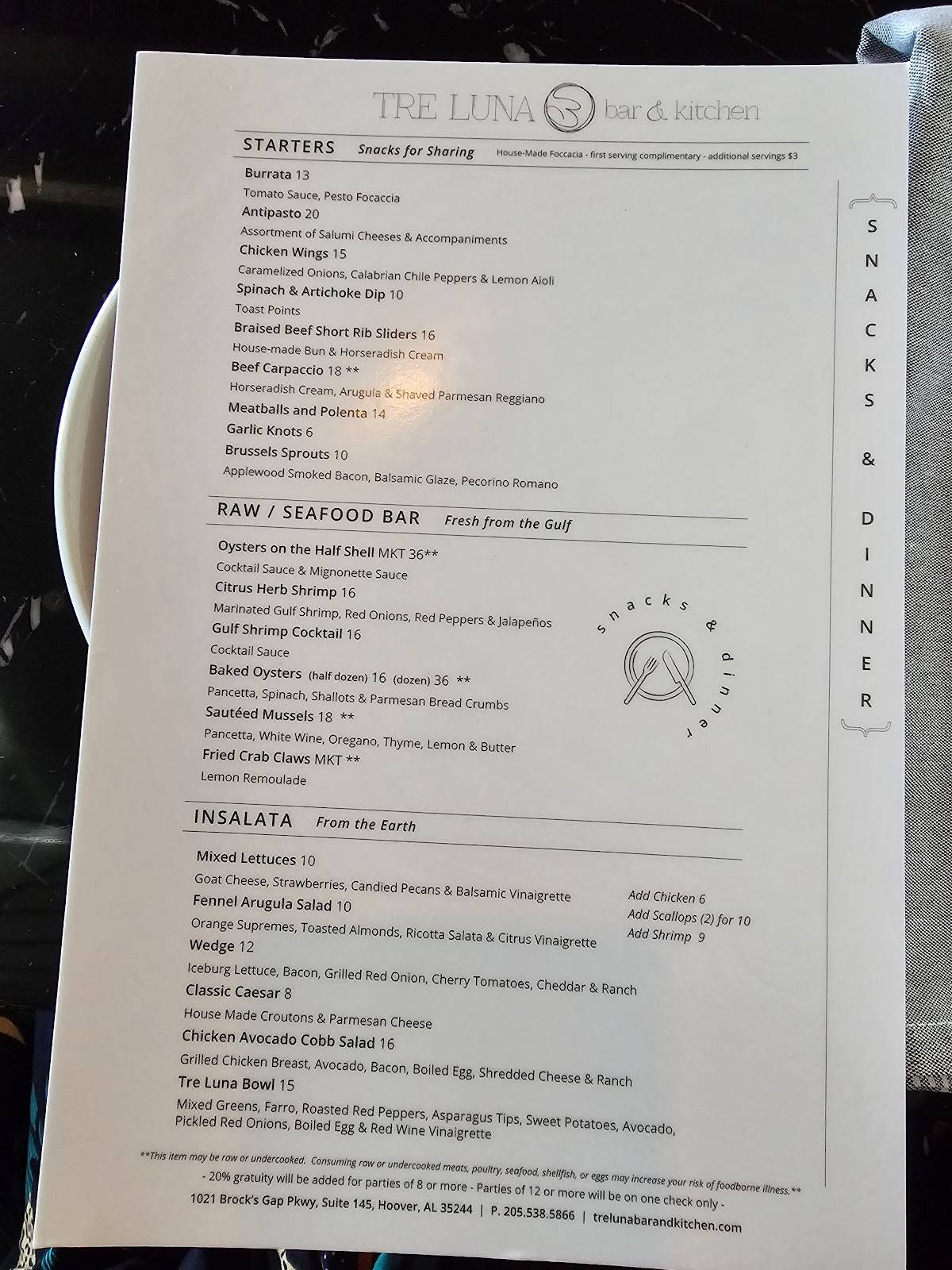 Menu at Tre Luna Bar and Kitchen, Hoover