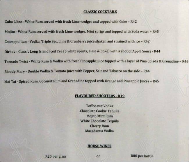 Menu at Trenchtown pub & bar, Cape Town