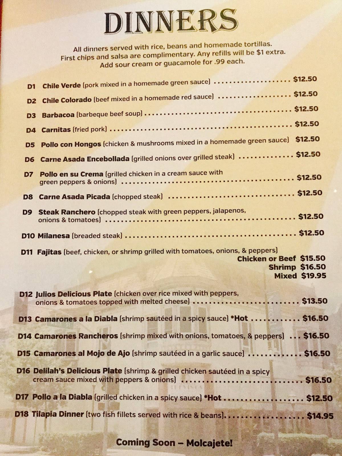 Menu at Trevino's restaurant, Merced