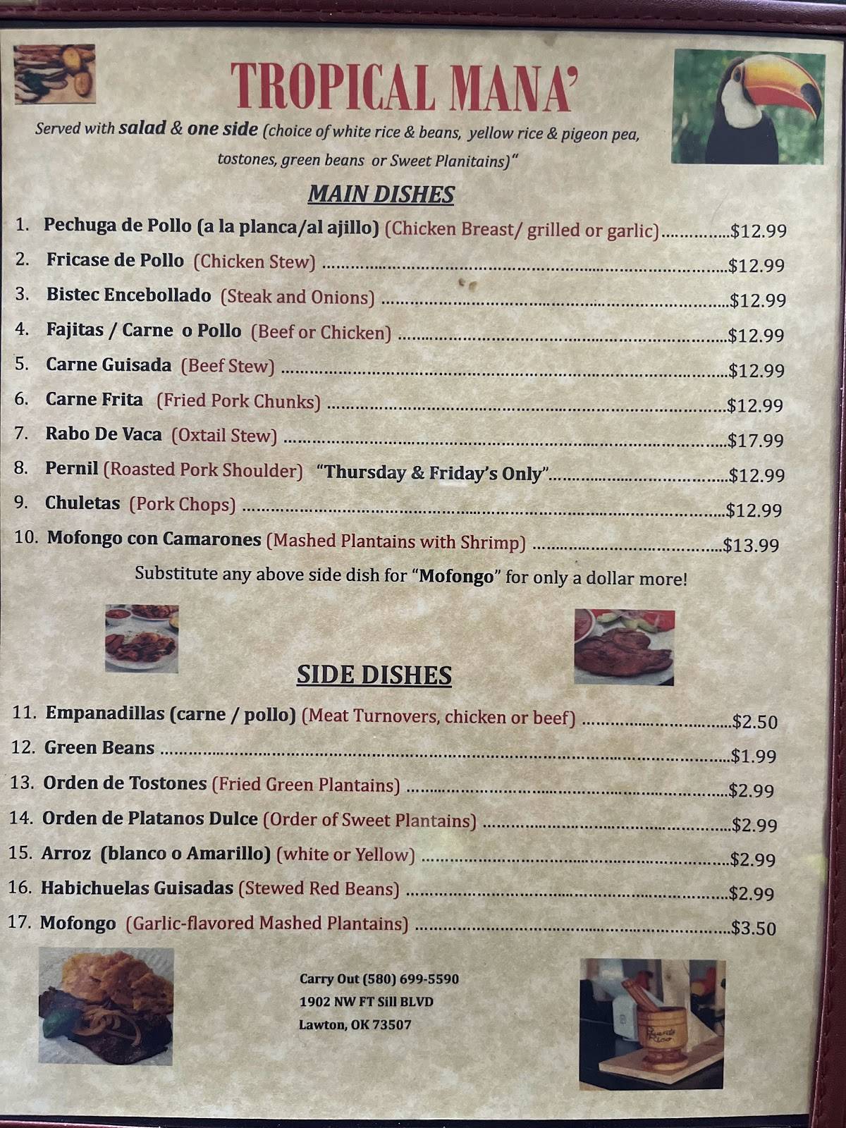 Menu at Tropical Maná restaurant, Lawton
