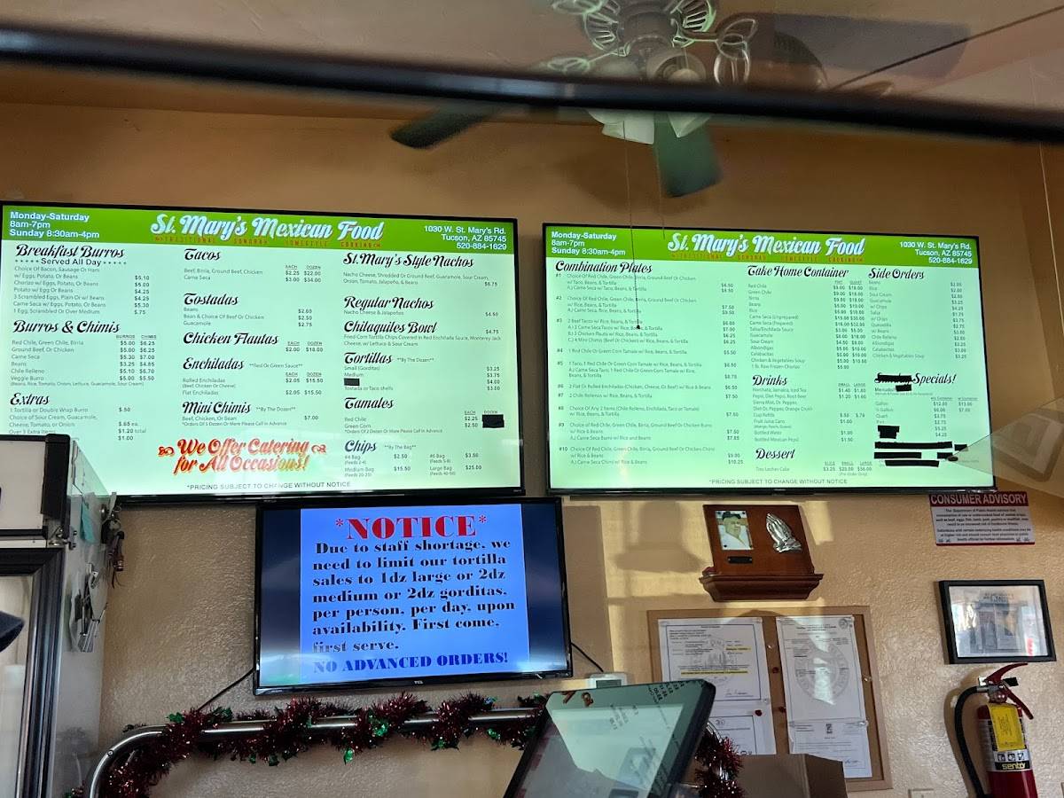 Menu at St. Mary's Mexican Food restaurant, Tucson