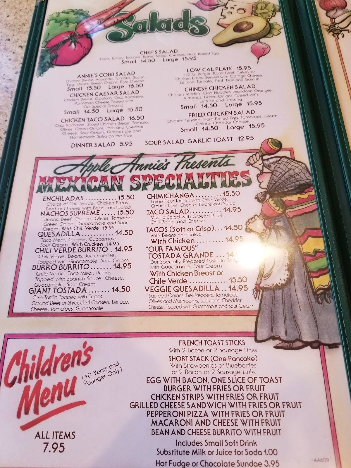 Menu at Apple Annie's restaurant, Tulare