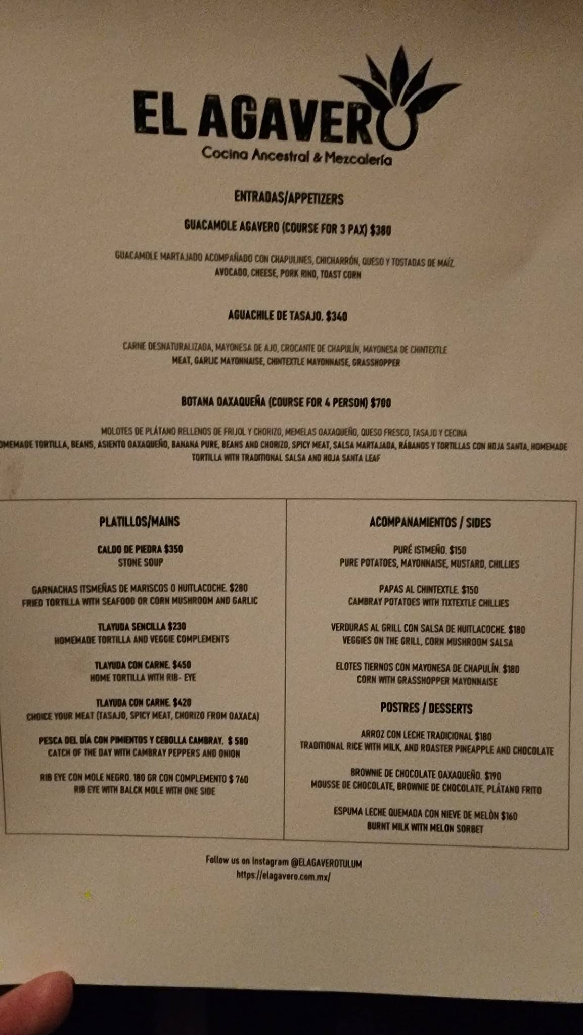 Carta del restaurante El Agavero Cocina Ancestral & Mezcaleria, Tulum