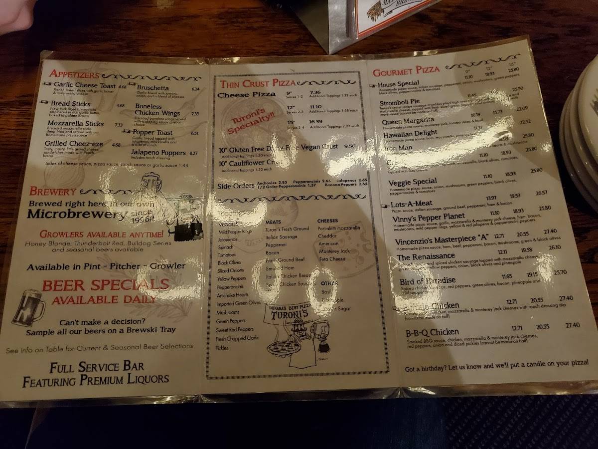 Menu at Turoni's Pizzery & Brewery pizzeria, Evansville, 408 N Main St