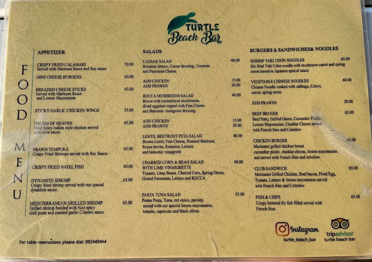 Menu at Turtle Beach restaurant, Dibba Al Fujairah