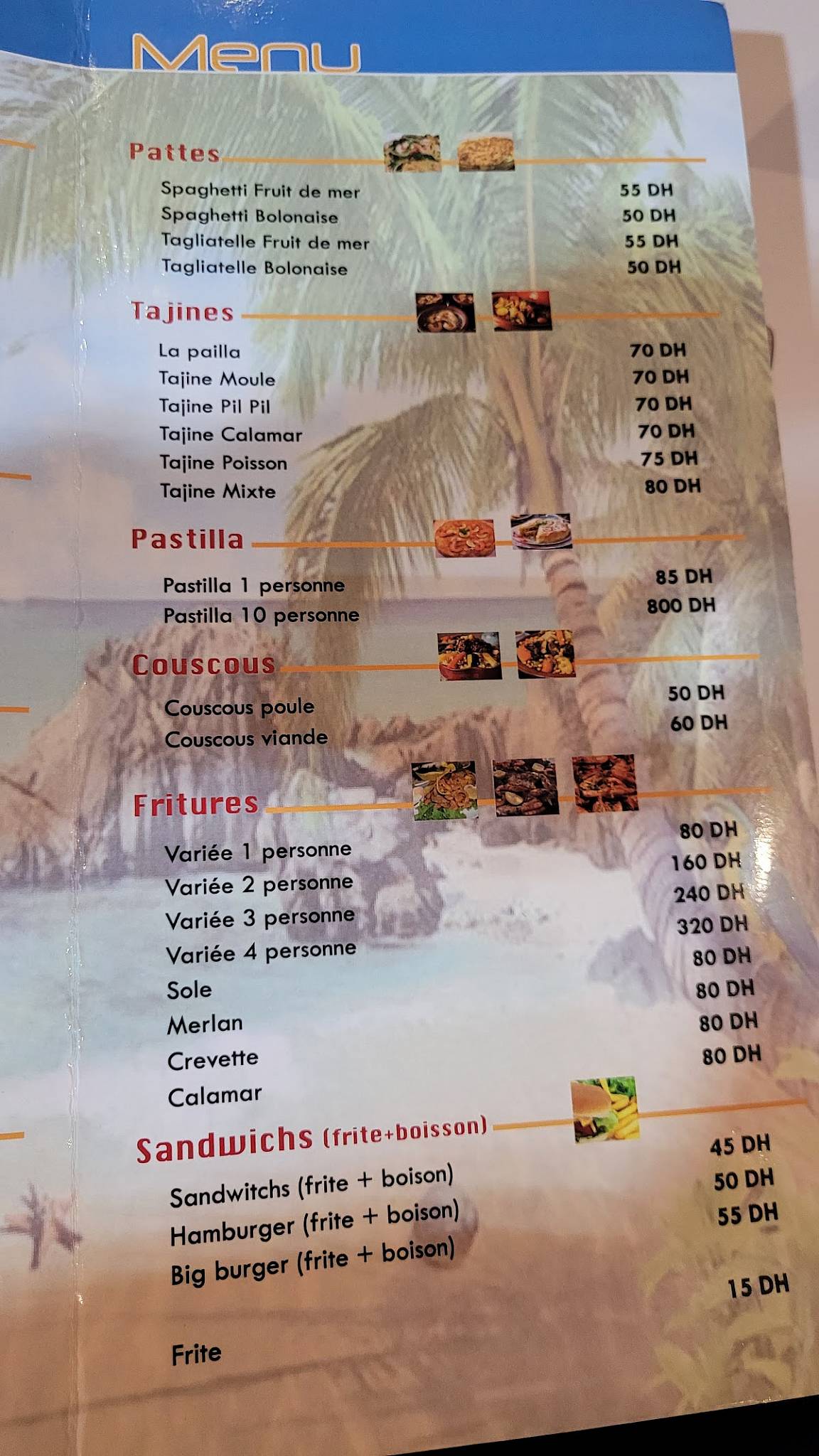 Menu au Twenty One restaurant, Rabat