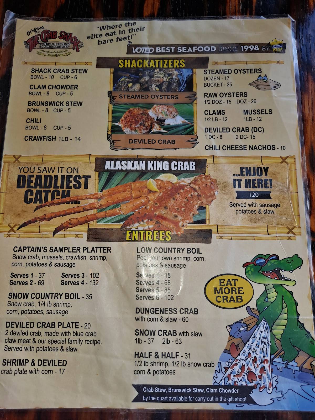 Menu at The Crab Shack BBQ, Tybee Island