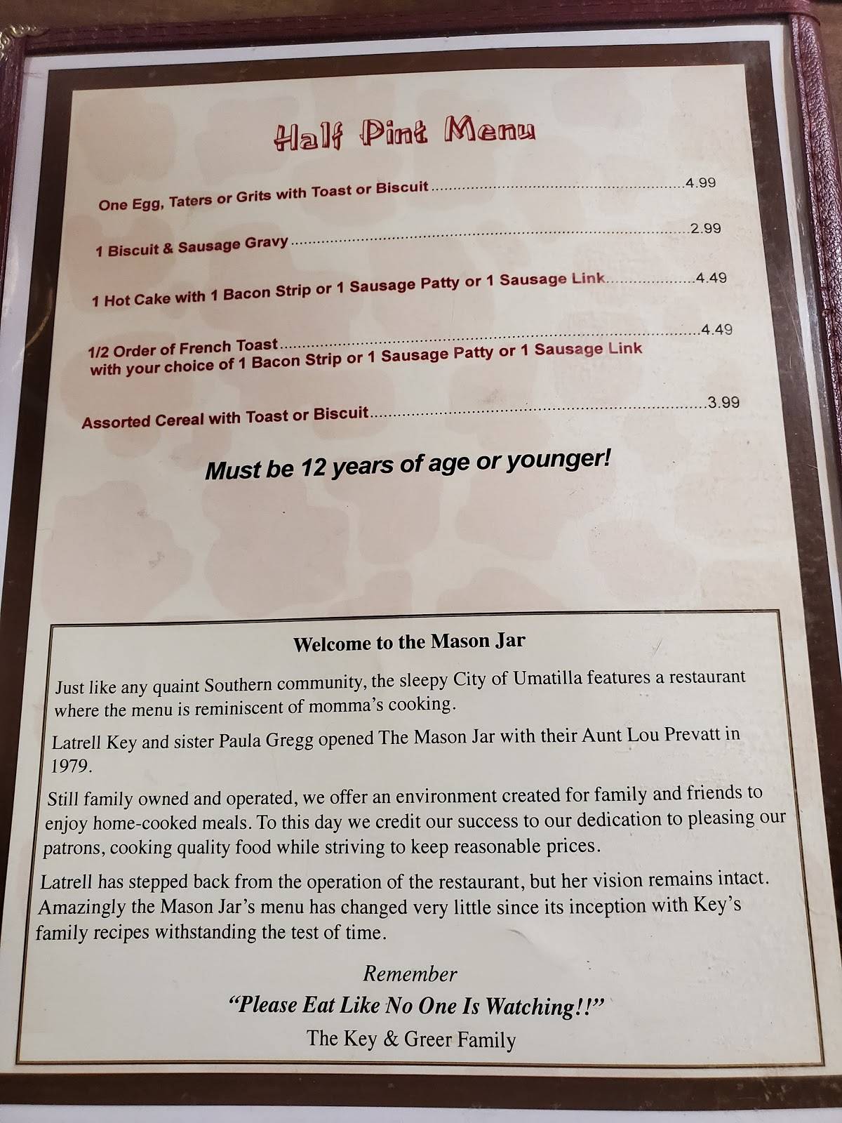 Menu at Mason Jar restaurant, Umatilla