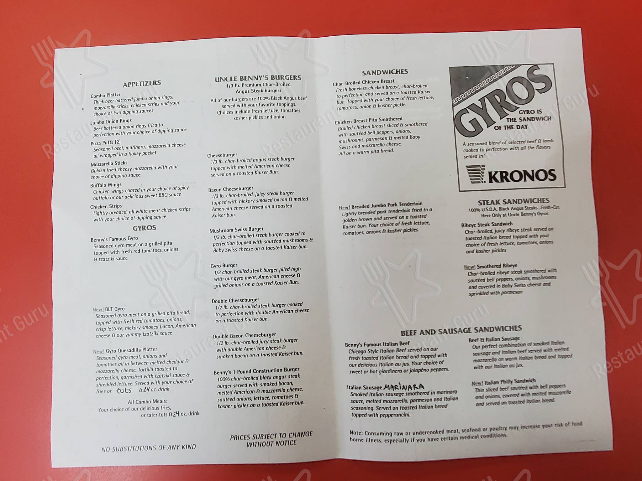 Menu at Uncle Benny's Gyros restaurant, East Moline