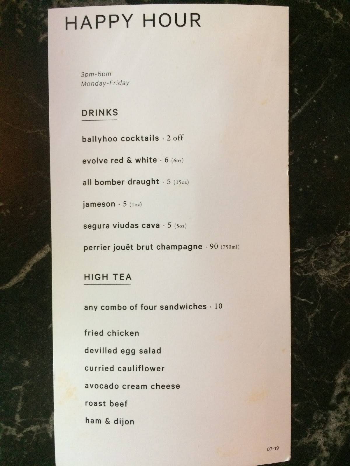 Menu at The Ballyhoo Public House, Vancouver