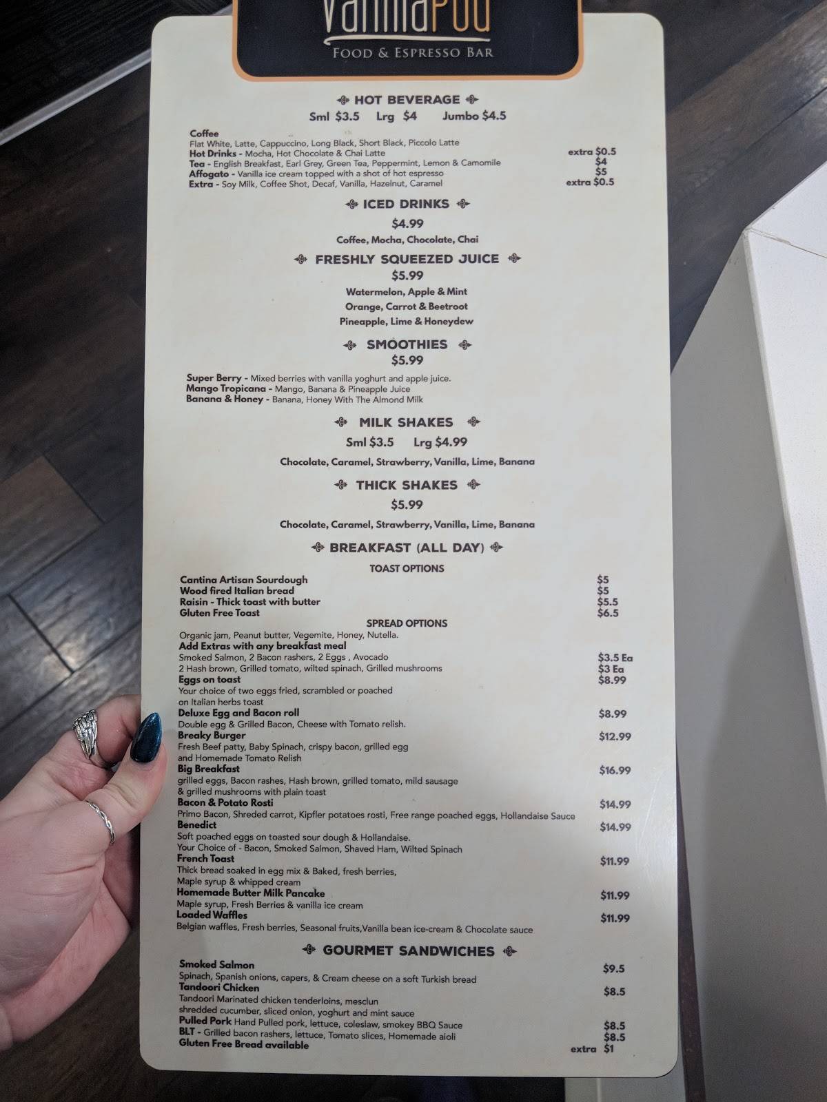 Menu at Vanilla Pod Food & Espresso Bar, Queanbeyan