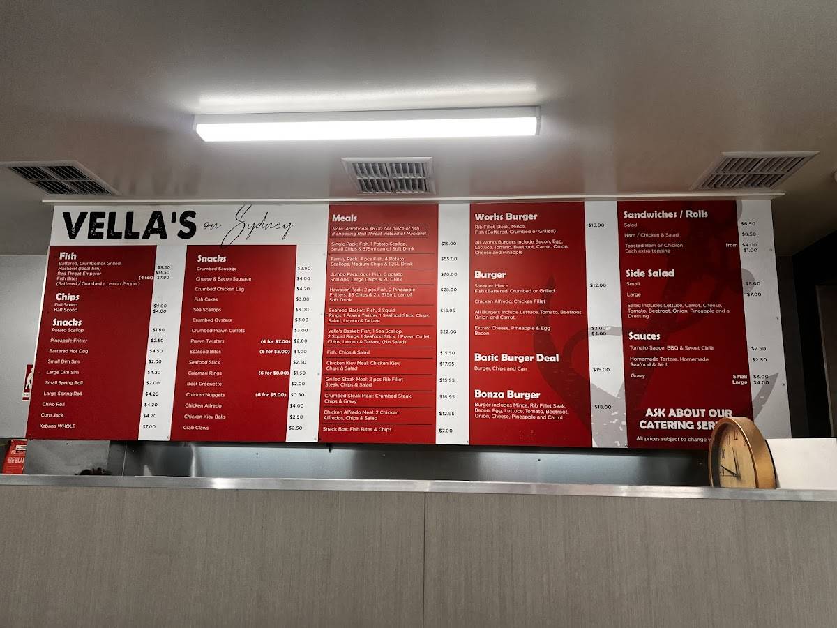 Menu at Vella's on Sydney fast food, Mackay