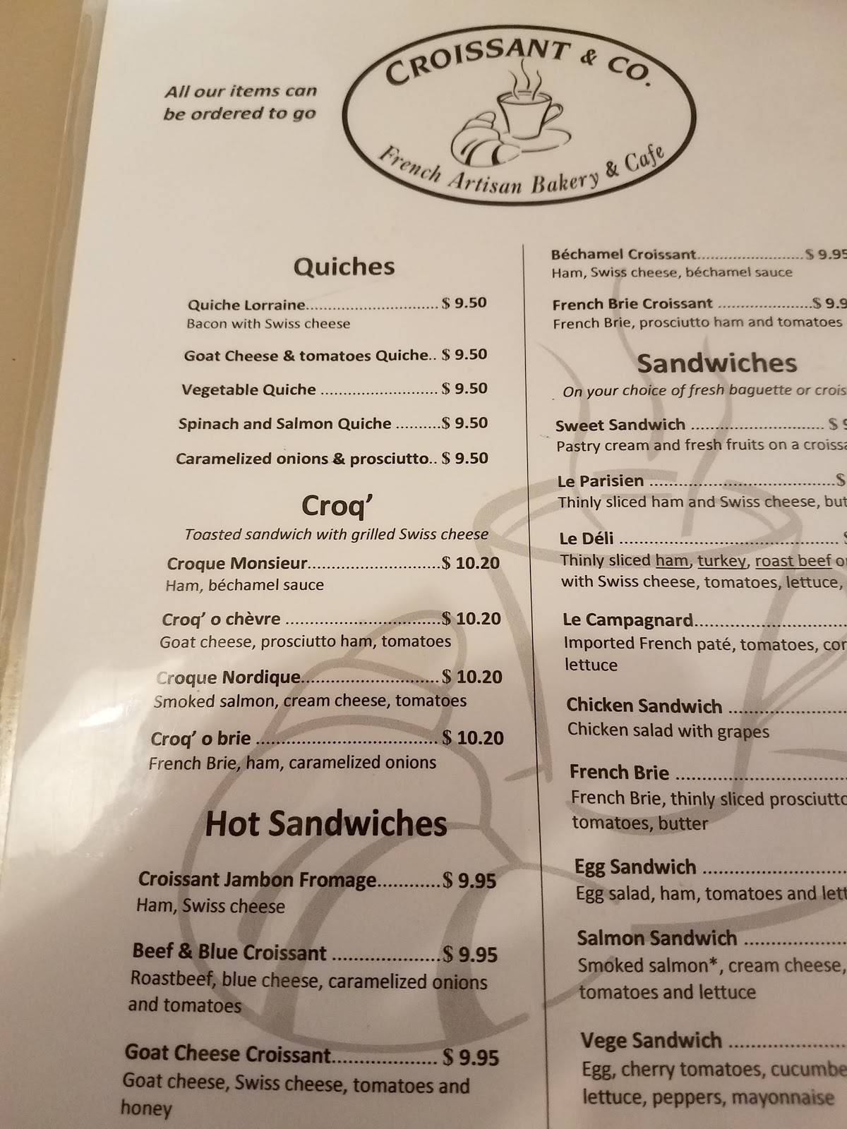 Menu at Croissant & Co cafe, Venice