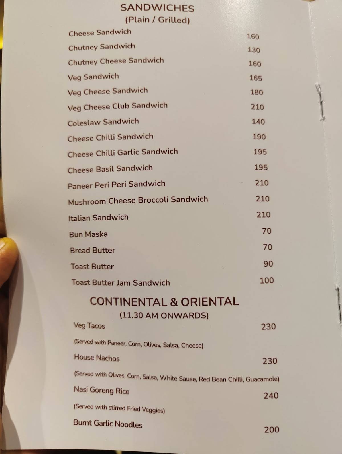 Menu at Verandah, Pune