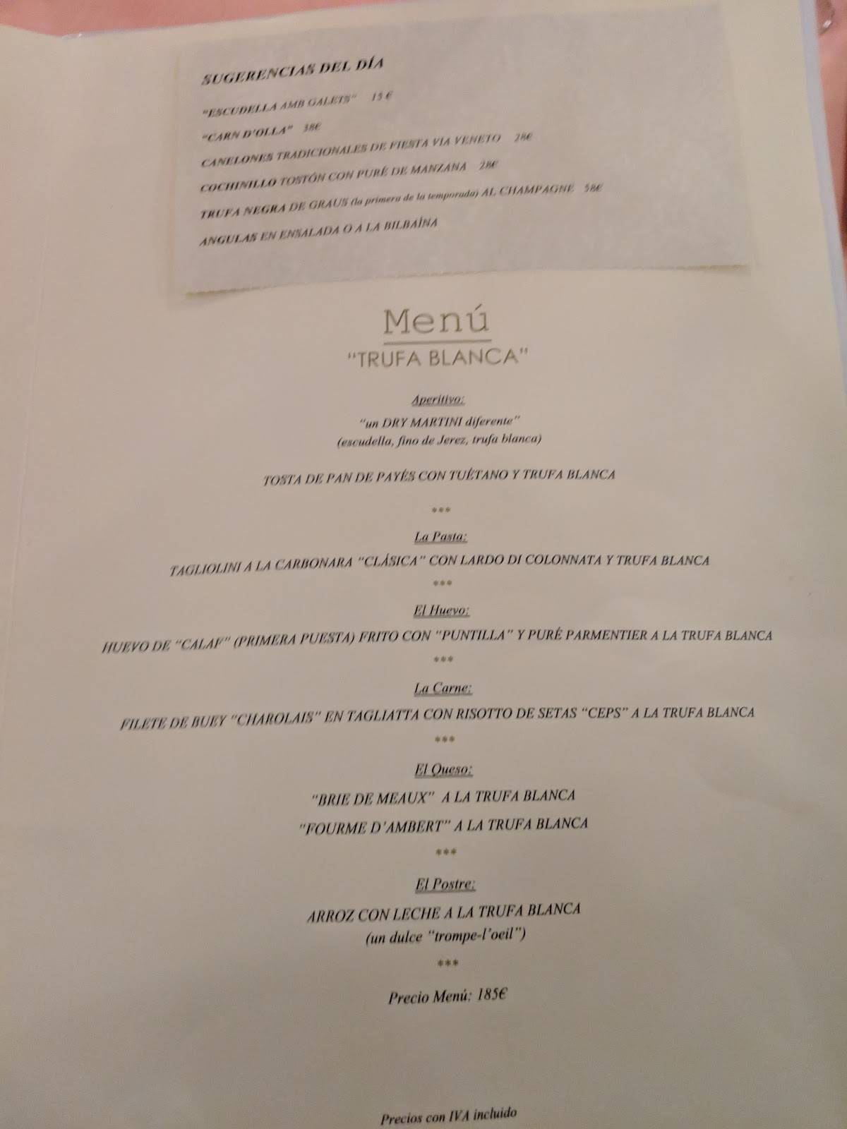 Menu at Via Veneto restaurant, Barcelona