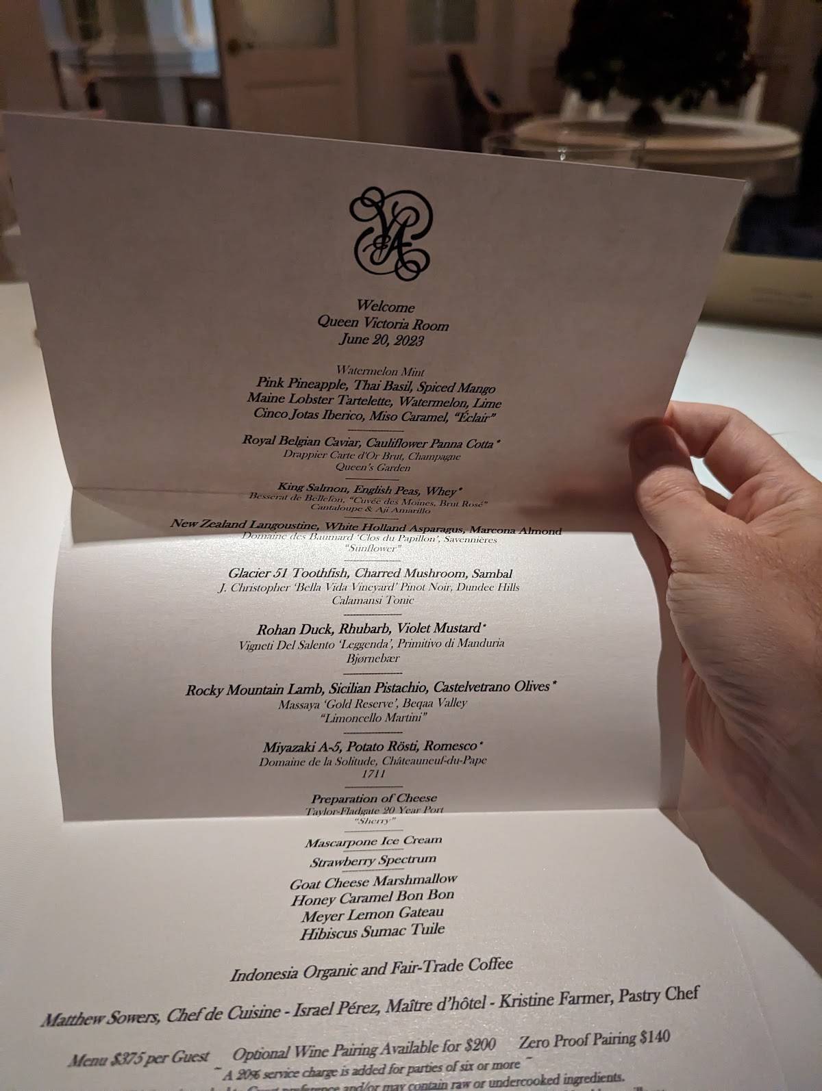 Menu at Victoria & Albert's restaurant, Orlando