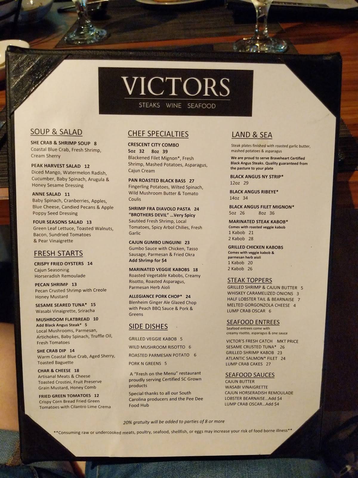 Menu at Victors steakhouse, Florence, 126 W Evans St