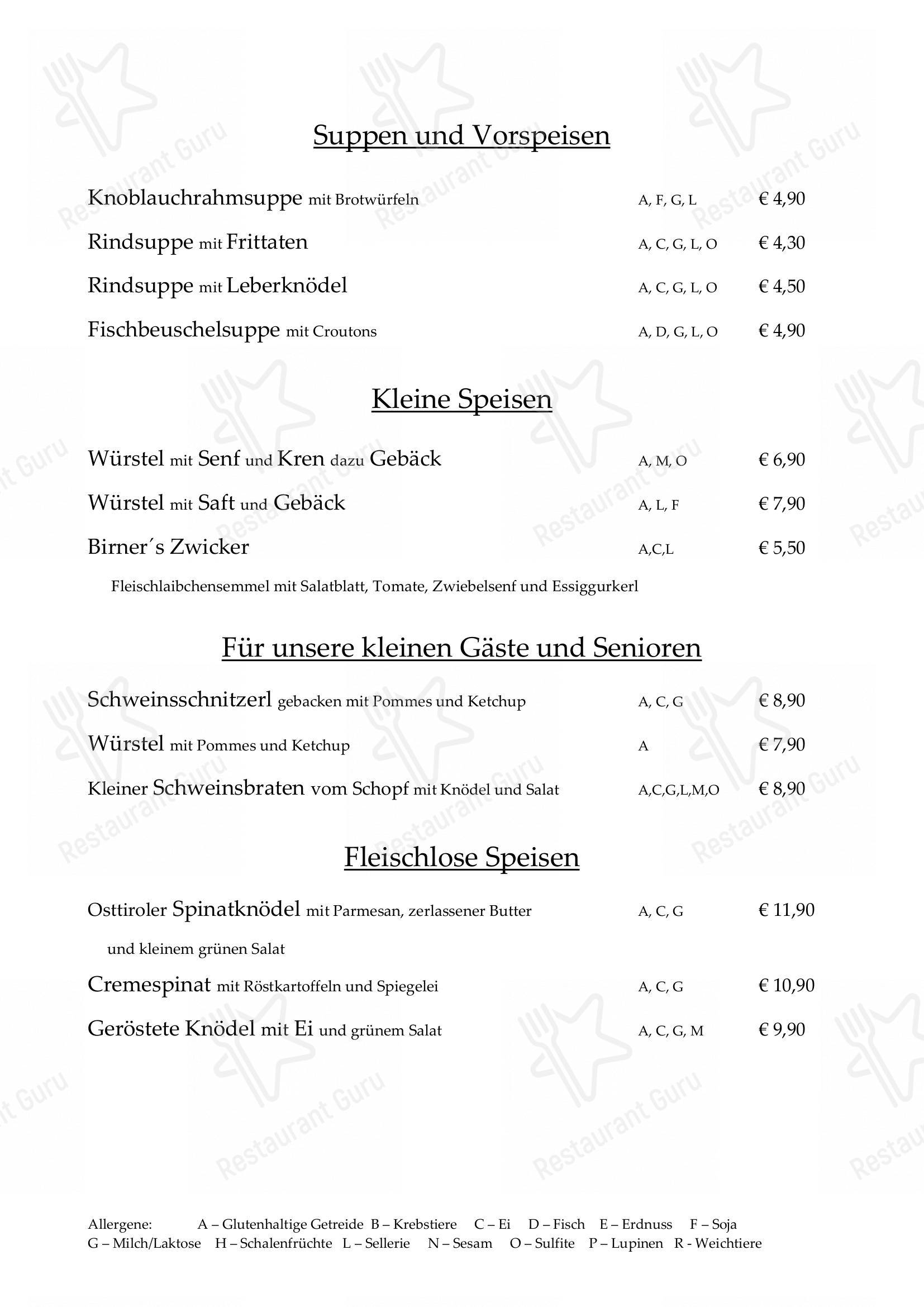 Menu at Gasthaus Birner restaurant, Vienna, An der Oberen Alten Donau 47