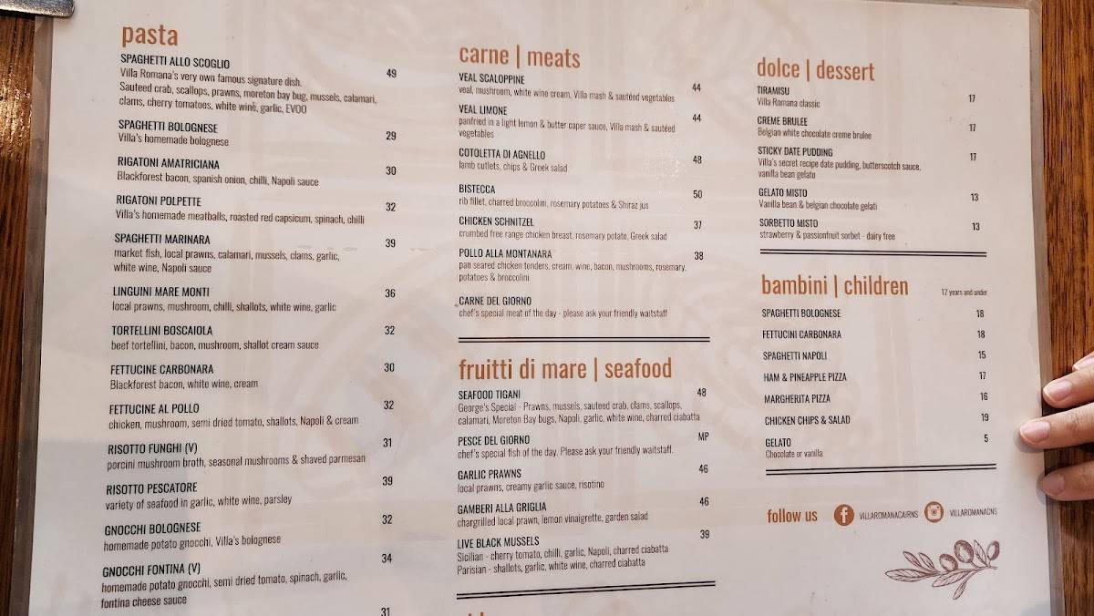 Menu at Villa Romana restaurant, Cairns, 99 Esplanade