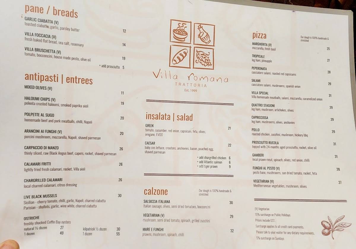 Menu at Villa Romana restaurant, Cairns, 99 Esplanade