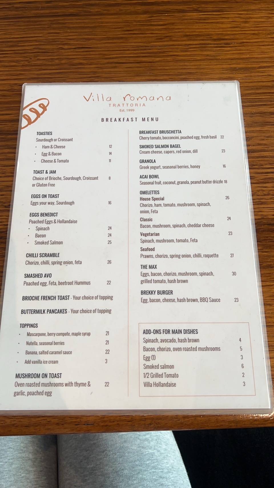 Menu at Villa Romana restaurant, Cairns, 99 Esplanade