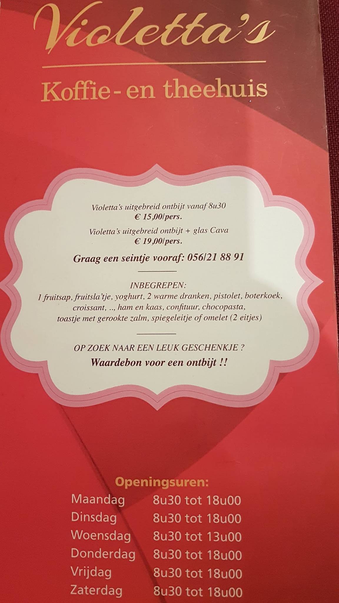 Menu at Violetta's Koffie- en Theehuis, Menen