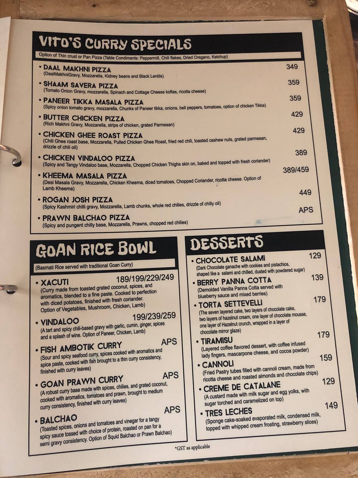 Menu at Vito's, Manipal