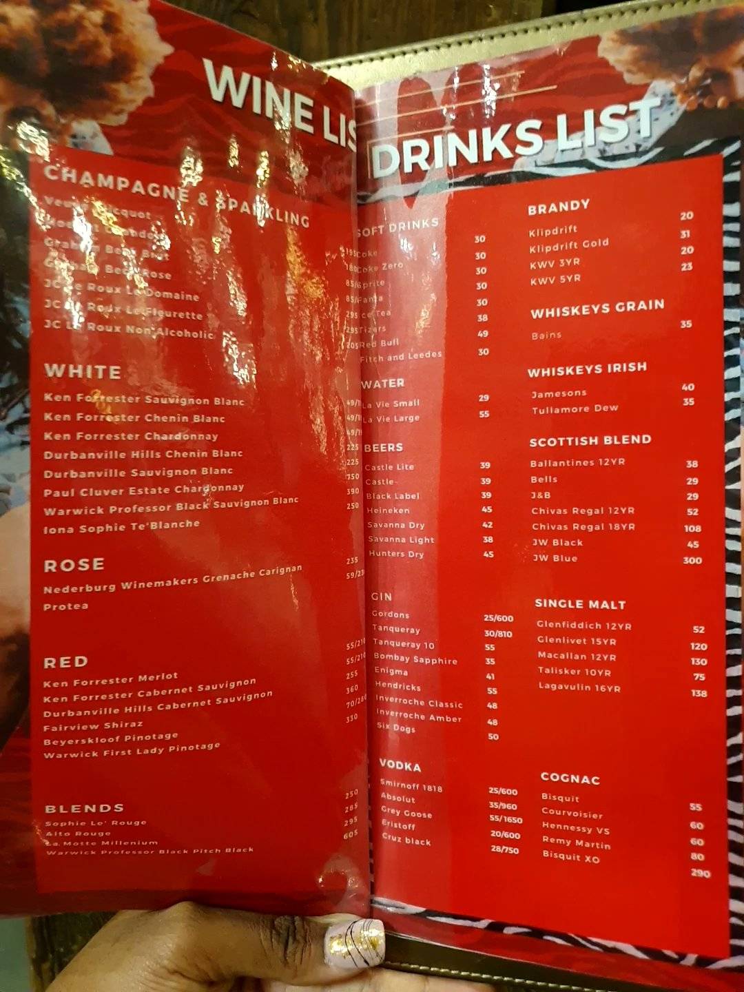 Menu at Vivaldi Restaurant, Cape Town