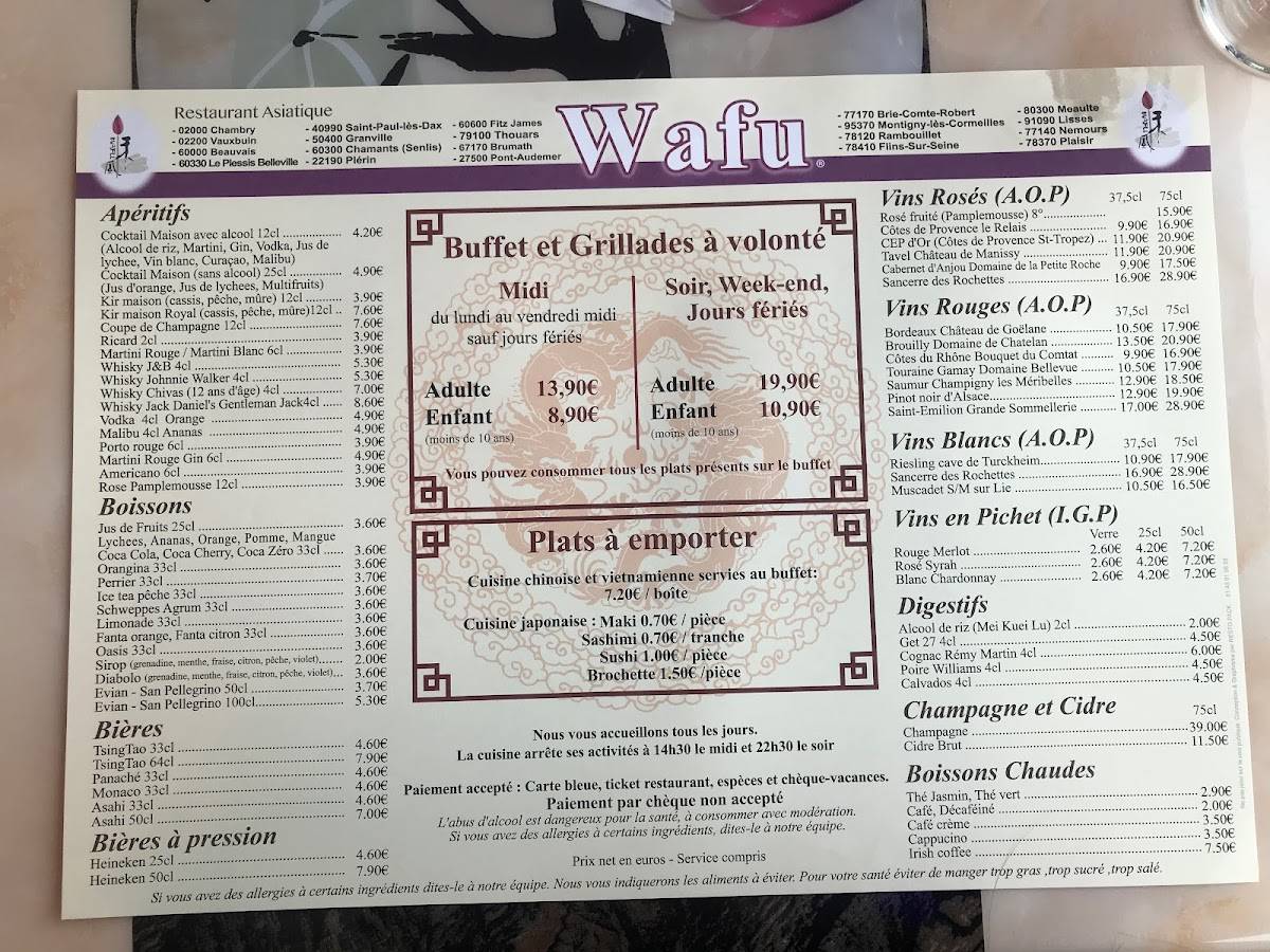 Menu au WAFU RESTAURANT, Beauvais