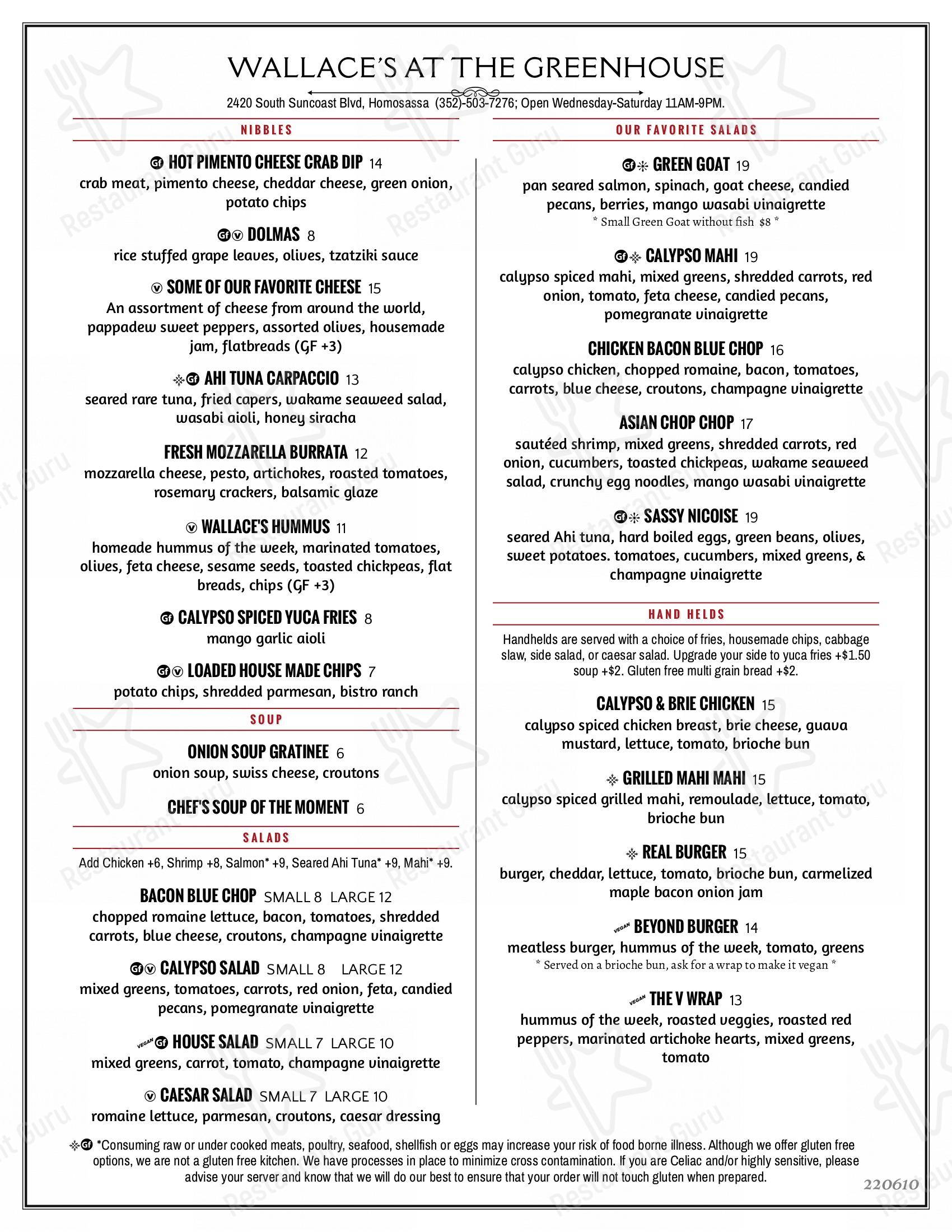 Menu at Wallace's at the Greenhouse restaurant, Homosassa