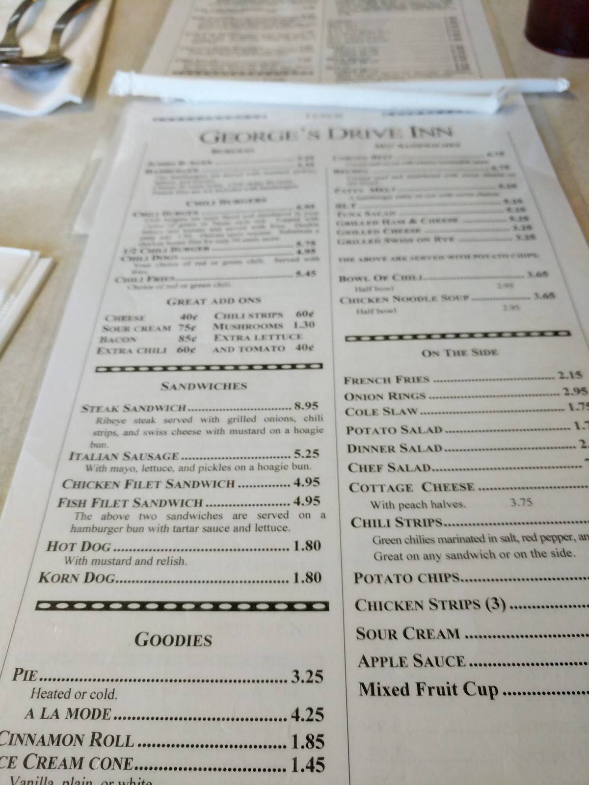 Menu at George's Drive Inn restaurant, Walsenburg