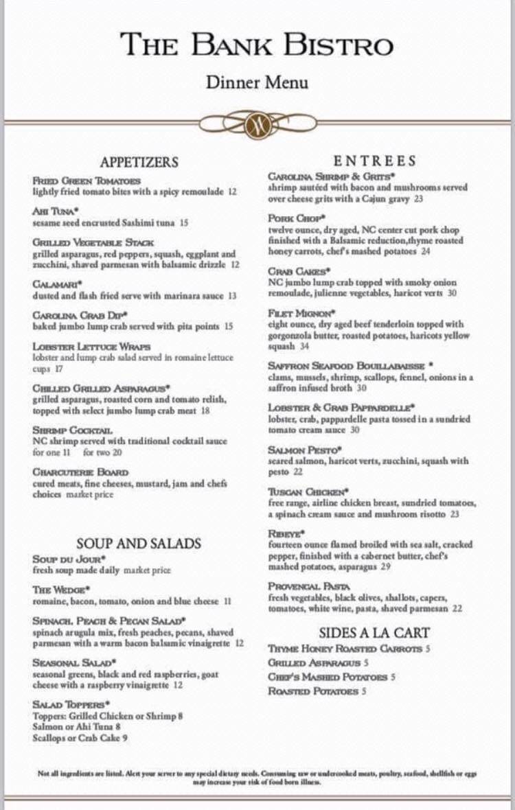 Menu at The Bank Bistro pub & bar, Washington