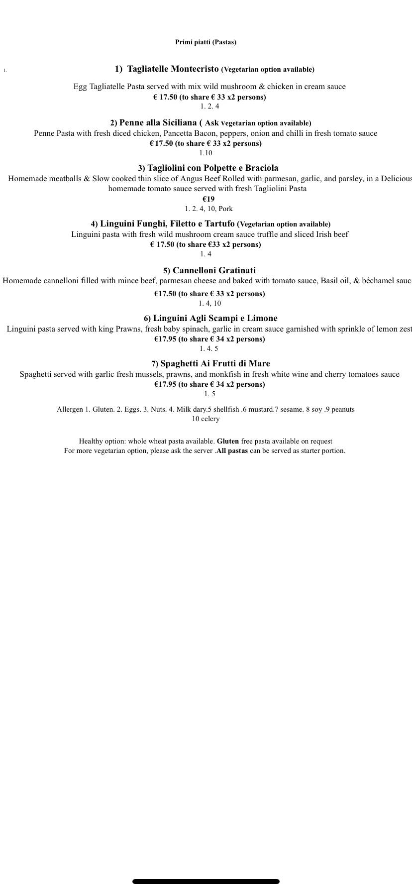 Menu at Emiliano's restaurant, Waterford