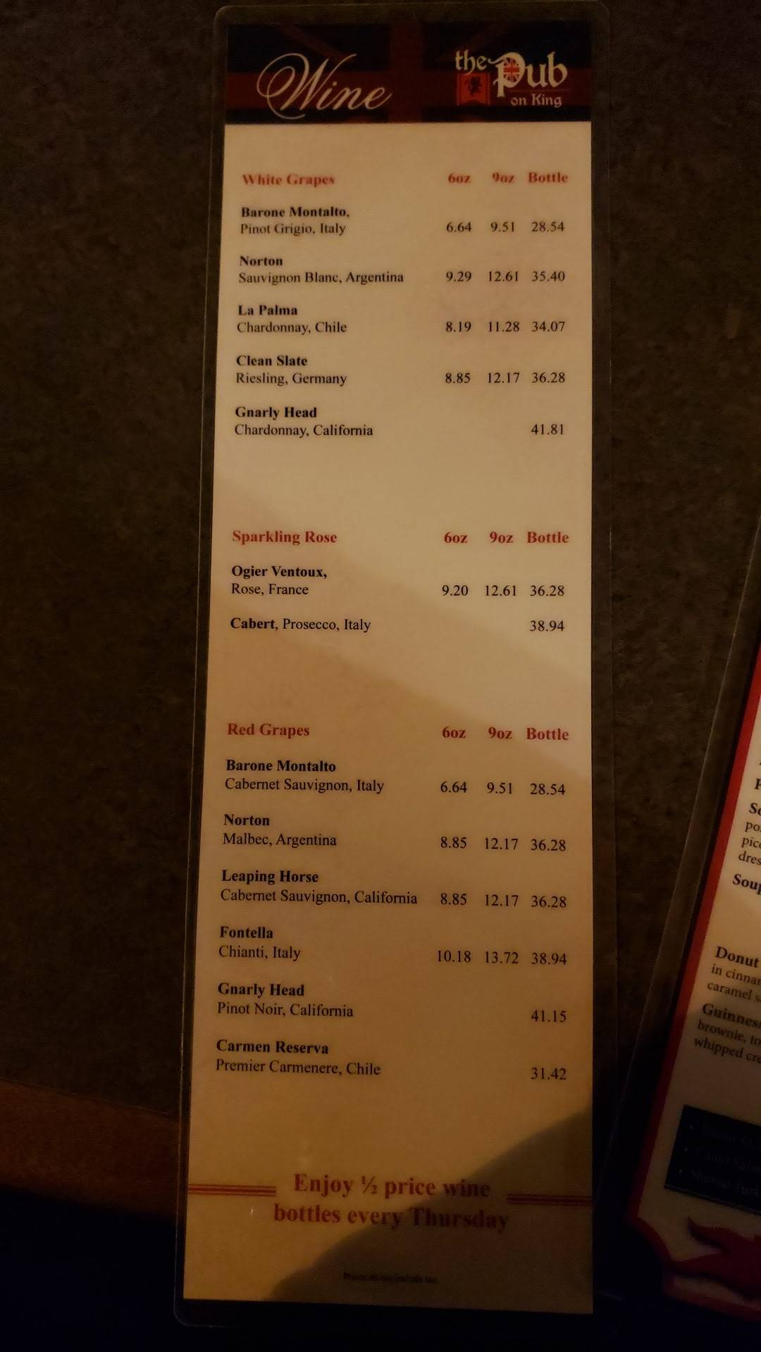 Menu at The Pub On King, Waterloo, 77 King St N