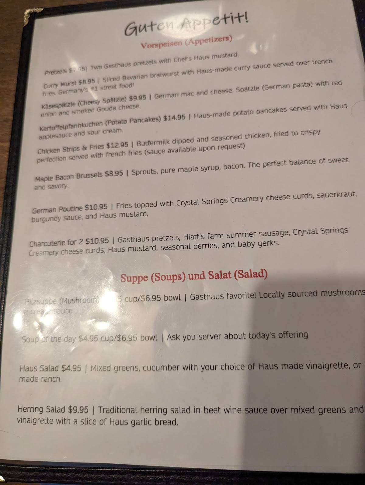 Menu at Weiss' Gasthaus German Restaurant, South Bend